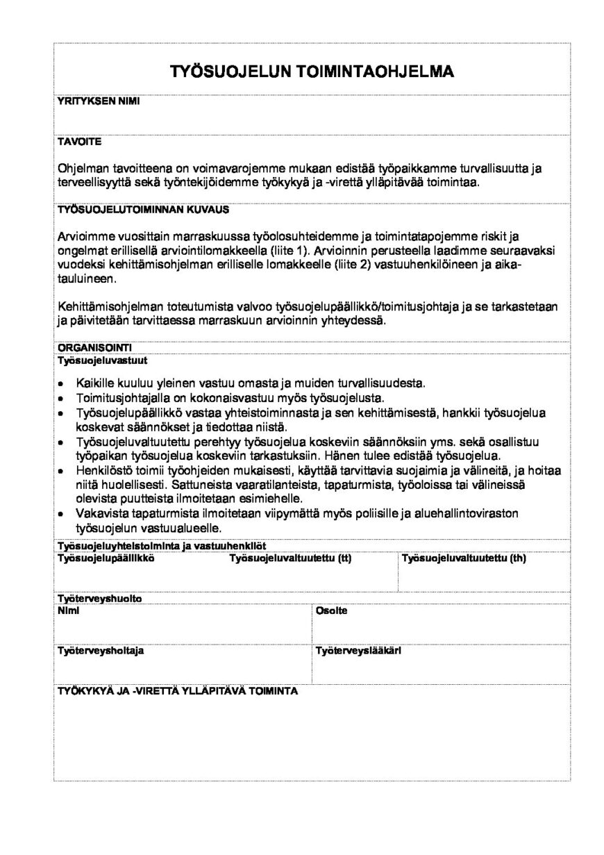 Tyosuojelun toimintaohjelma -lomake - Teollisuusliitto